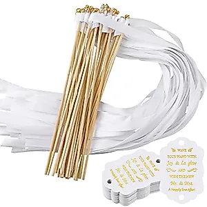 100 Pcs Wedding Wands with Gold Bells and Favor Tags, Silk Ribbon Dancer Wand White Wand Streamers for Wedding Party Baby Shower Send Off Party Activities Holiday Favors