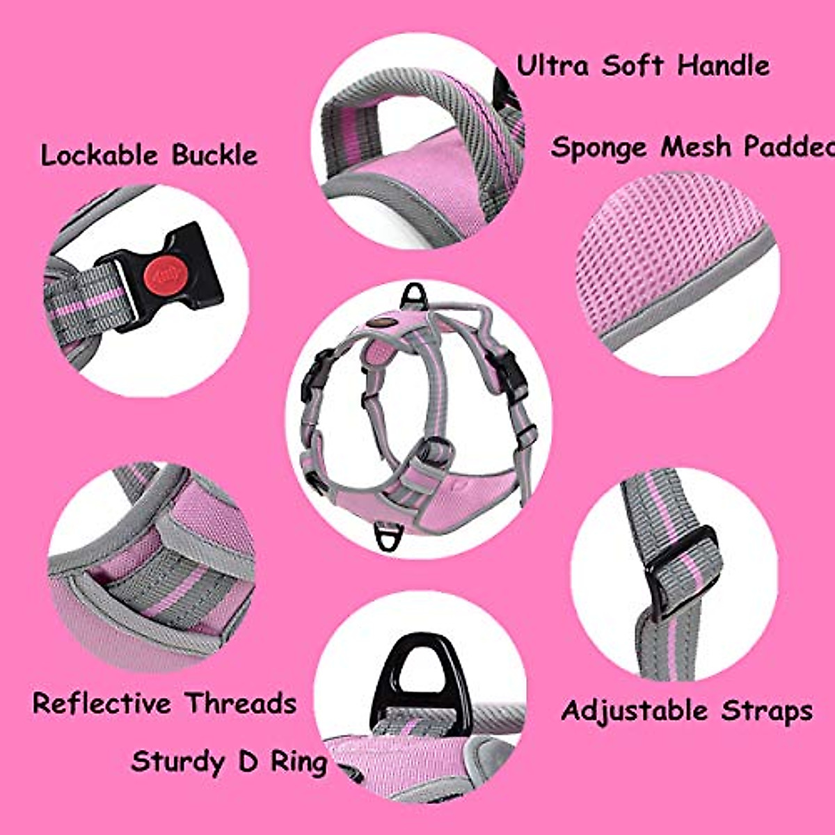 Coohom No Pull Dog Harness with Handle and Two Leash Attachments,Adjustable Outdoor Pet Harness with Reflective Oxford Material for Small Medium Large Dogs (L, Pink 3 Buckles)