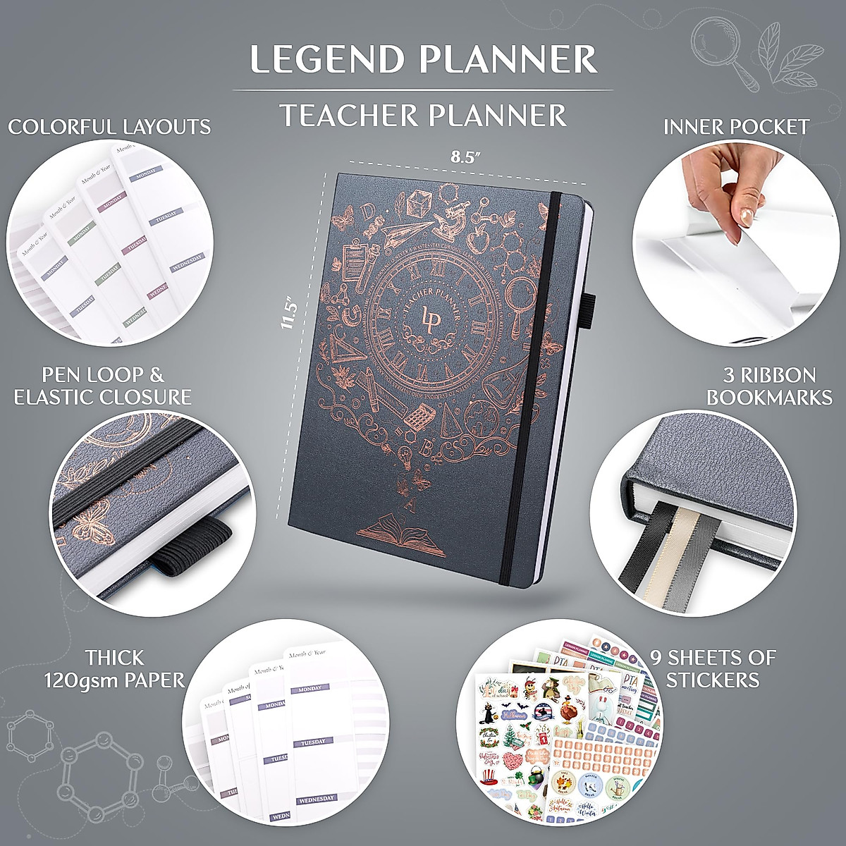 Legend Teacher Planner – Undated Lesson Plan Book for Teachers with Weekly & Monthly Calendars - Classroom Organization & School Year Planner – 8.5”x11.5” Hardcover (Mystic Gray)