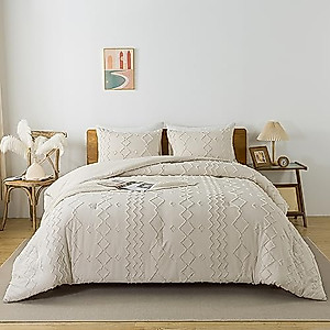 Andency Beige Tufted Comforter Set King(104x90Inch), 3 Pieces(1 Boho Comforter, 2 Pillowcases) Textured Farmhouse Comforter, Soft Microfiber Down Alternative Geometric Comforter Bedding Set
