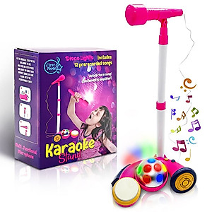 Kids Microphone with Stand, Sing Along Kids Karaoke Machine, Musical Singing Toy, Microphone for Kids with Flashing Stage Lights and Pedals for Fun Sound Effects by First Note USA, Blue