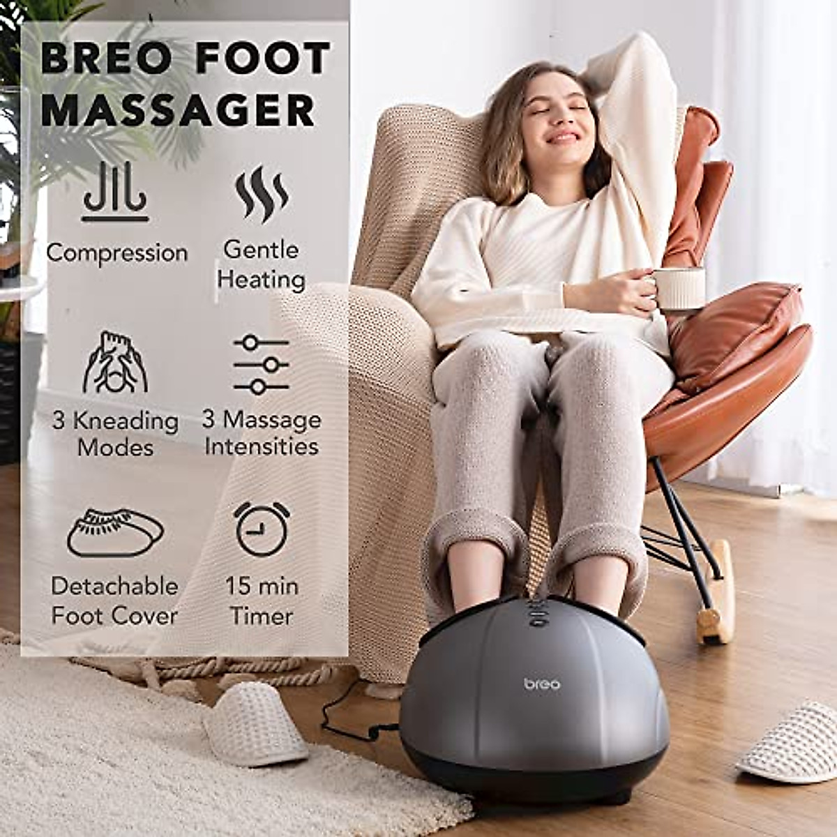 Breo Foot Massager Machine with Heat, Shiatsu Deep Tissue Kneading, Rolling Massage for Relax, Fits Feet Up to Men Size 12