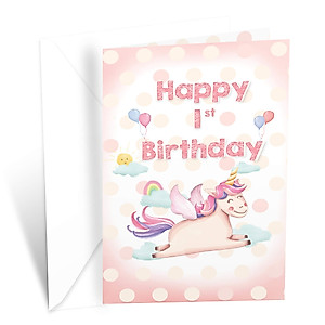 Prime Greetings First (1st) Birthday Card, Made in America, Eco-Friendly, Thick Card Stock with Premium Envelope 5in x 7.75in, Packaged in Protective Mailer