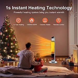 38" Space Heater for Large Room, 1500W Electric Fireplace Heaters Indoor Use with Thermostat, 500 sq ft Ceramic Heater for Bedroom, 80° Oscillating Tower Heater Fan with Remote & 24H Timer Silver