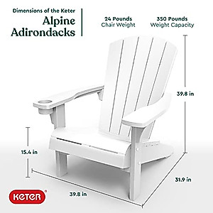 Keter 2 Pack Alpine Adirondack Resin Outdoor Furniture Patio Chairs with Cup Holder-Perfect for Beach, Pool, and Fire Pit Seating, White