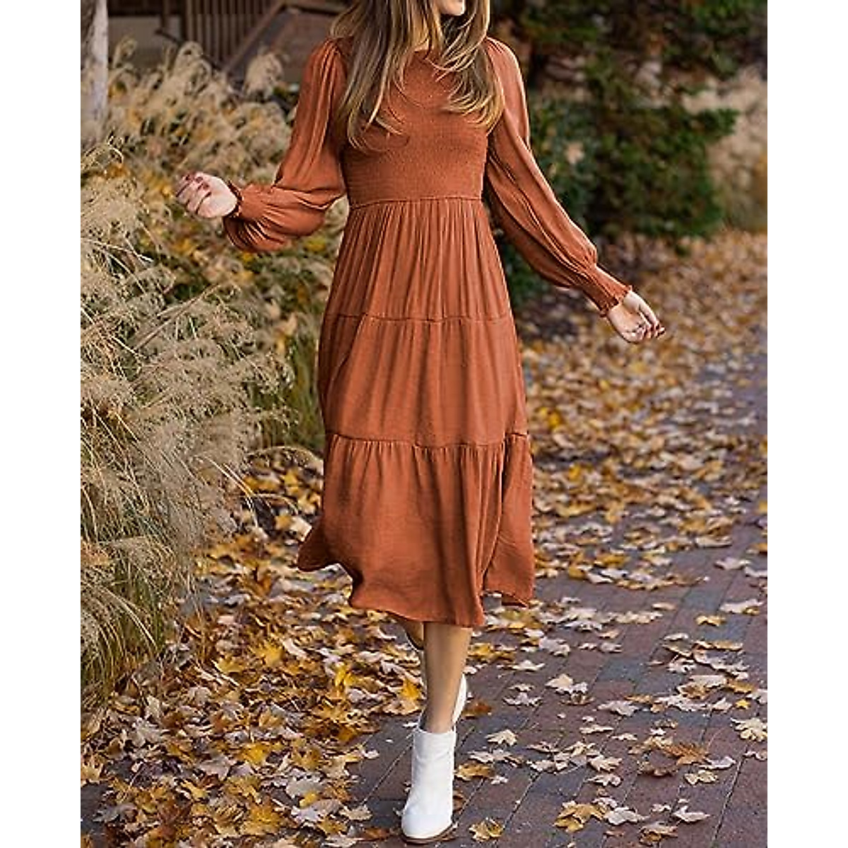 Tobrief Fall Dresses for Women Casual Smocked Beach Long Sleeve Midi Long Dress Rust L