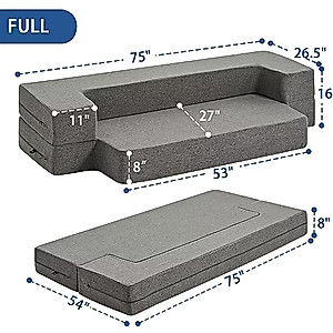 ILPEOD Floor Sofa Bed Futon Couch, Fold Out Couch Bed, Full Size 8 Inch Memory Foam Folding Sofa Bed Couch, Sleeper Convertible Mattress and Frame for Bedrooms Living Room Gaming Bed, Grey