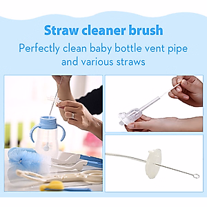 Baby Bottle Brush Set, Baby Bottle Cleaner, Harbiss Rotary Baby Bottle Cleaning Brush with Nipple Cleaner and Straw Cleaner Brush and Additional Sponge Brush kit, No soapy Water Splashing, Blue