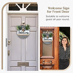 Welcome Sign for Front Door Decor - Walasis Hanging Welcome Signs for All Season Boho Wall Decoration 12inch Wooden Farmhouse Eucalyptus Wreath with Bow Beads for Home