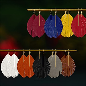 9 Pairs Handmade Lightweight Vintage Bohemian Leather leaf Dangle drop Earrings Sets Elegant Large PU Fringe Feather Hook Earring With Gold Bar for Women Girls Statement Jewelry Gifts (9 Pairs)
