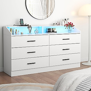 Gyfimoie 6 Drawer Dresser with Power Outlet, Chest of Drawers with LED Light, Modern Dresser with Open Storage Cubby, Double Wide Dresser Organizer for Bedroom, Living Room, Entryway, Hallway