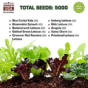 Heirloom Non-GMO Lettuce and Greens Seeds Variety Pack for Outdoor and Indoor Gardening & Hydroponics, 5000+ Seeds - Kale, Butter, Oak, Spinach, Romaine Bibb & More