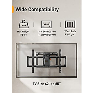 Perlegear UL Listed Full Motion TV Wall Mount for 42-85 inch TVs up to 132 lbs, TV Mount with Dual Articulating Arms, Tool-Free Tilt, Swivel, Extension, Leveling, Max VESA 600x400mm, 16" Studs, PGLF8