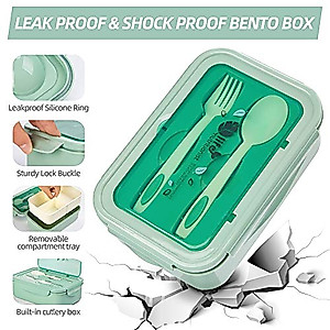 Porzu Bento Lunch Box, 1400 ML Lunch Box Meal PrepFor Kids & Adults，3 Compartments Portable Food Container with Utensil (Green)