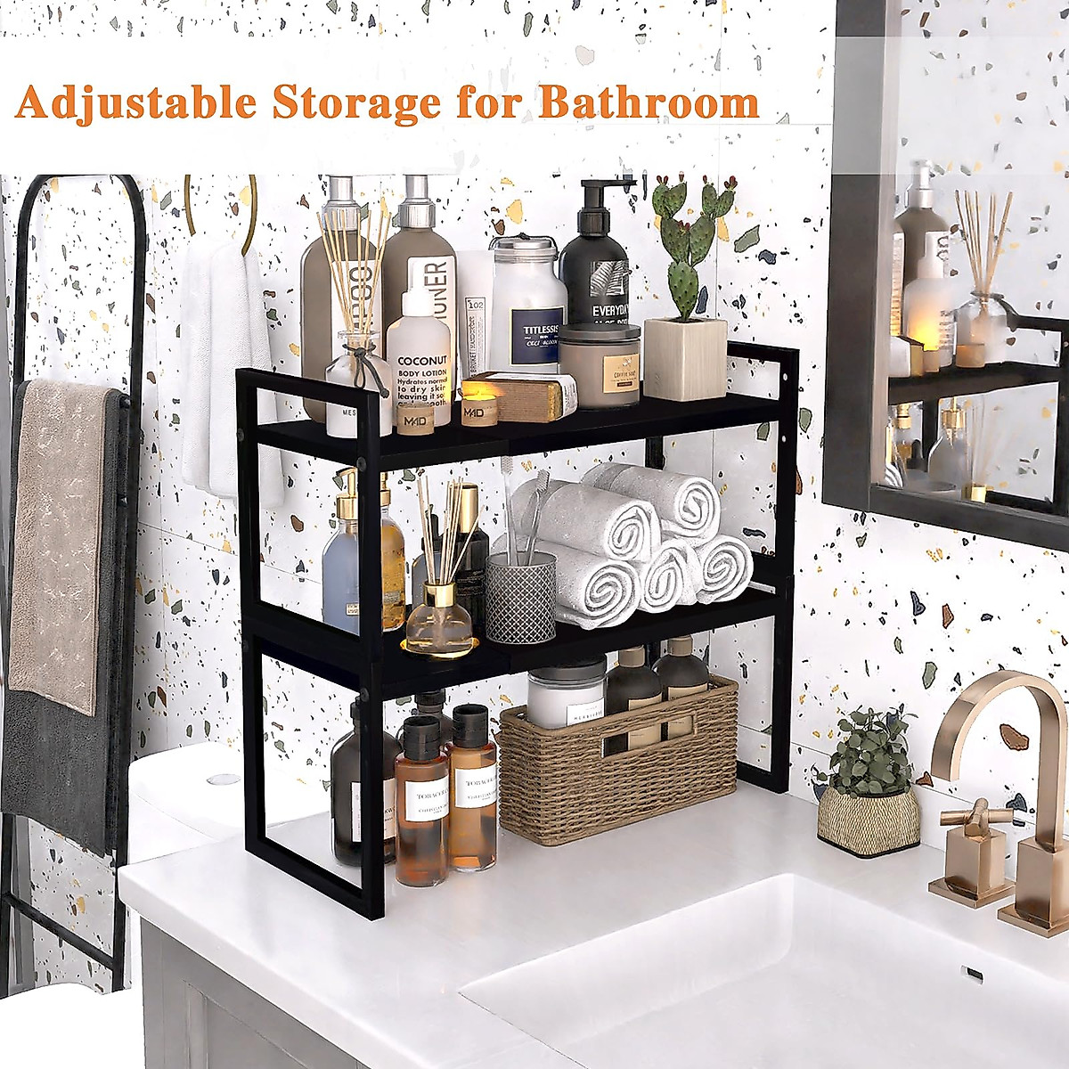 DOLALIKE Expandable kitchen Countertop Organizer, Stackable Cabinet Shelf Organizers, Space Saving Spice Rack Pantry Storage for Bathroom Office Organization (Black, 2 Pack)