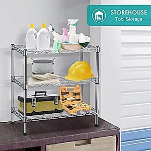 Doredo 3 Tier Wire Shelving Unit, Adjustable Wire Rack Shelving with Leveling Feet, Metal Storage Shelf Unit for Kitchen, Laundry, Pantry, Balcony (18" D x 8" W x 18" H, Chrome)
