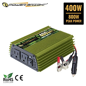 PowerBright 400 Watt Power Inverter, DC 24V to 120V AC Car Inverter, Modified Sine Wave with 120V AC Outlets, Car Battery Cables w/Alligator Clips & Car Cigarette Lighter Plug Adapter - CE Approved