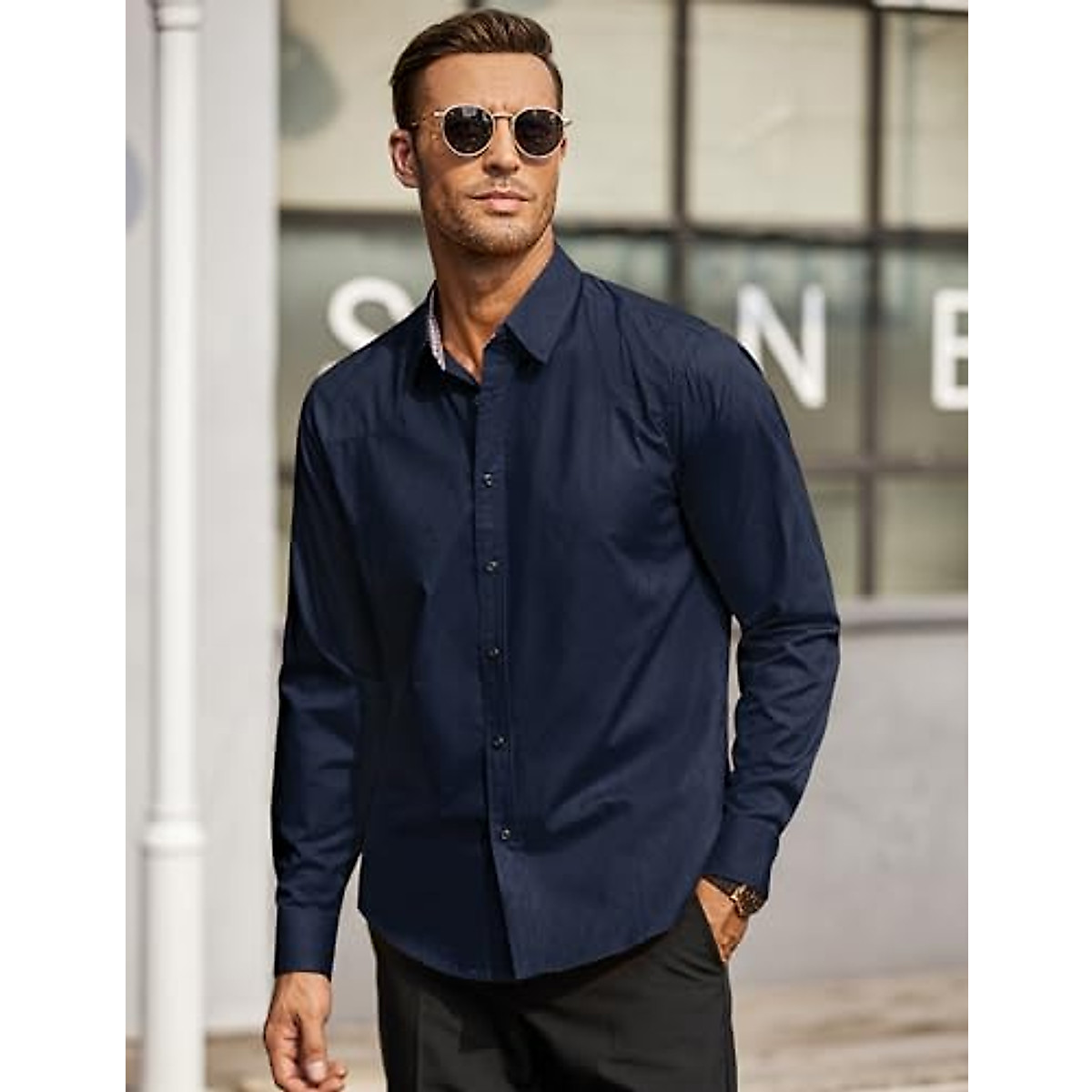 COOFANDY Mens Shirt Slim Fit Dress Business Plaid Button Down Collar, Navy Blue, Large, Long Sleeve