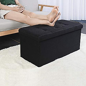 WoneNice Linen Folding Storage Ottoman Bench, Storage Chest Footrest Padded Seat, 30 x 15 x 15 Inches (Linen Black)