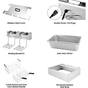 TANGME Commercial Deep Fryer, 3400w Electric Turkey Fryer with 3-Baskets, 22L/23.25Qt 1mm Thickened Stainless Steel Countertop Single Oil Fryer with Temperature Limiter for Restaurant