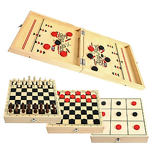 LARGE 4 in 1 Chess Board Set, Sling Puck Game, Checkers, Tic Tac Toe - Wooden Hockey, Table Games for Family Games, Kids, Adults - 59 pc. Set Super Board Games Fast Sling Hockey Table Game