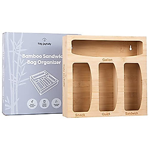 Bamboo Ziplock Bag Storage Organizer for Drawer and Wall-Mount; Gallon, Quart, Sandwich and Snack Plastic Bag Organizer; 4 Compartment Kitchen Drawer Organization and Storage for Baggies