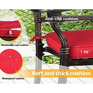 TITIMO 3 Piece Cast Aluminum Patio Dining Set,Outdoor Furniture Bistro Set, All-Weather Cast Aluminum Conversation Set Includes Table and Chairs w/Cushions and Umbrella Hole for Patio Garden (Red)