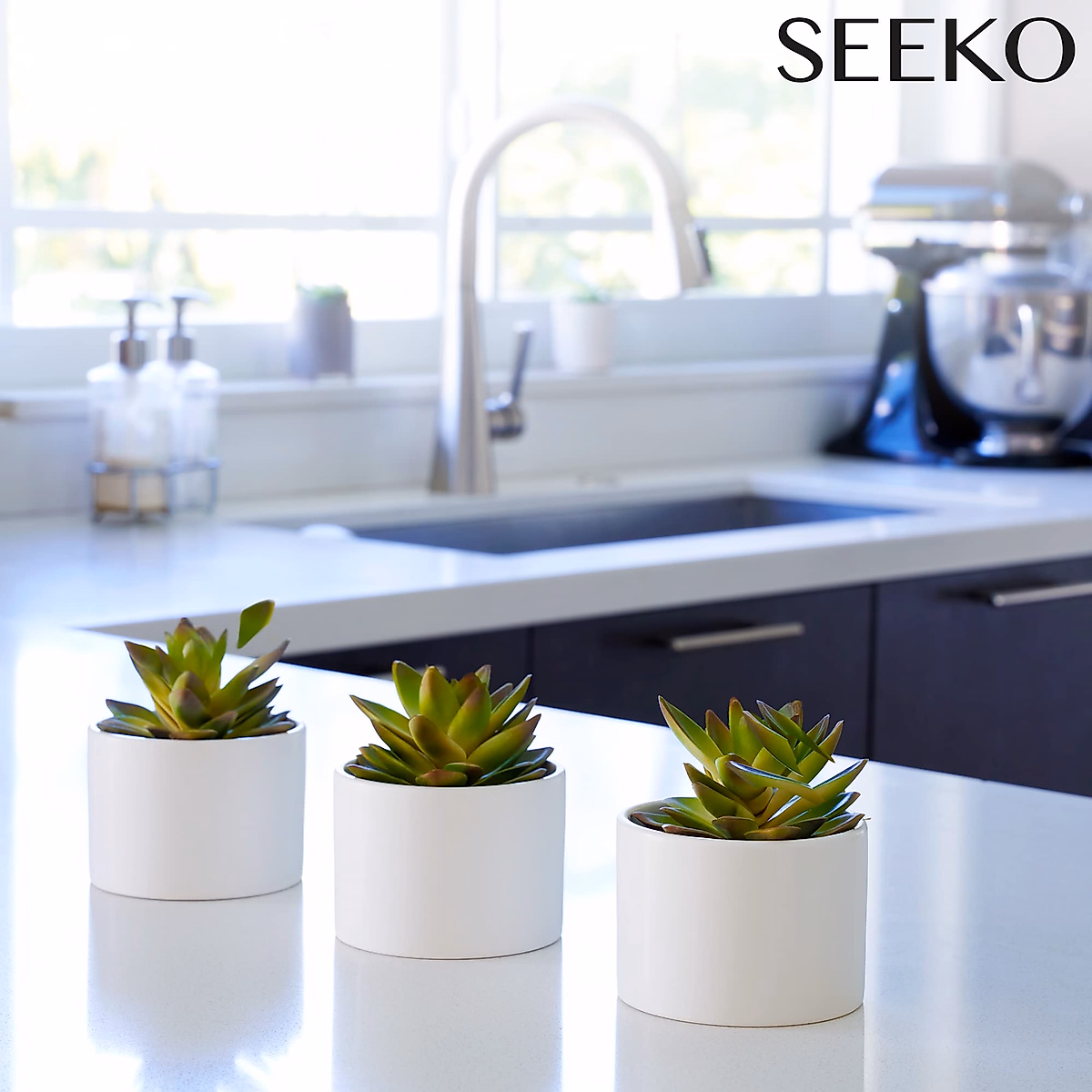 Small Fake Succulents (3 Pack) - Potted Faux Plants for Modern Home, Dorm, Bathroom, Shelf, Laundry Room or Coffee Table Decor for Indoor Use