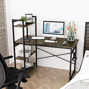 Engriy Computer Desk with 4 Tier Shelves for Home Office, 47" Writing Study Table with Bookshelf and 2 Hooks, Multipurpose Modern Wood Desk Workstation with Metal Frame for PC Laptop, Walnut Black