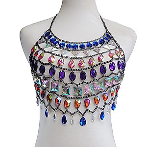 Sexy Rhinestone Bra Body Chain - Sparkly Crystal Body Jewelry - Gold Bikini Chains Top - Women Fashion Chest Accessories - Festival Rave Party Body Necklace (Colour Rhinestone Bra)