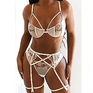 Women's Floral Embroidered Garter Stockings Sexy Lingerie Set with Garter Belts Strap Bra and Panty Lingerie Set White 3X-Large