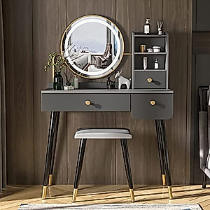 Vanity Desk,Make Vanity Set with Touch Screen Dimming Mirror, 3 Color Lighting Modes, Dressing Table with 3 Sliding Drawers, Modern Bedroom Makeup Table and Cushioned Stool Set for Women Girls