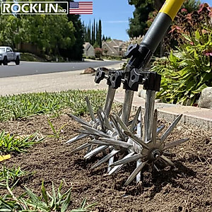 Rotary Cultivator Tool - 60” Extra Long Handle - Reinforced Tines - Reseeding Grass or Soil Mixing - All Metal, No Plastic Structural Components - Cultivate Easily