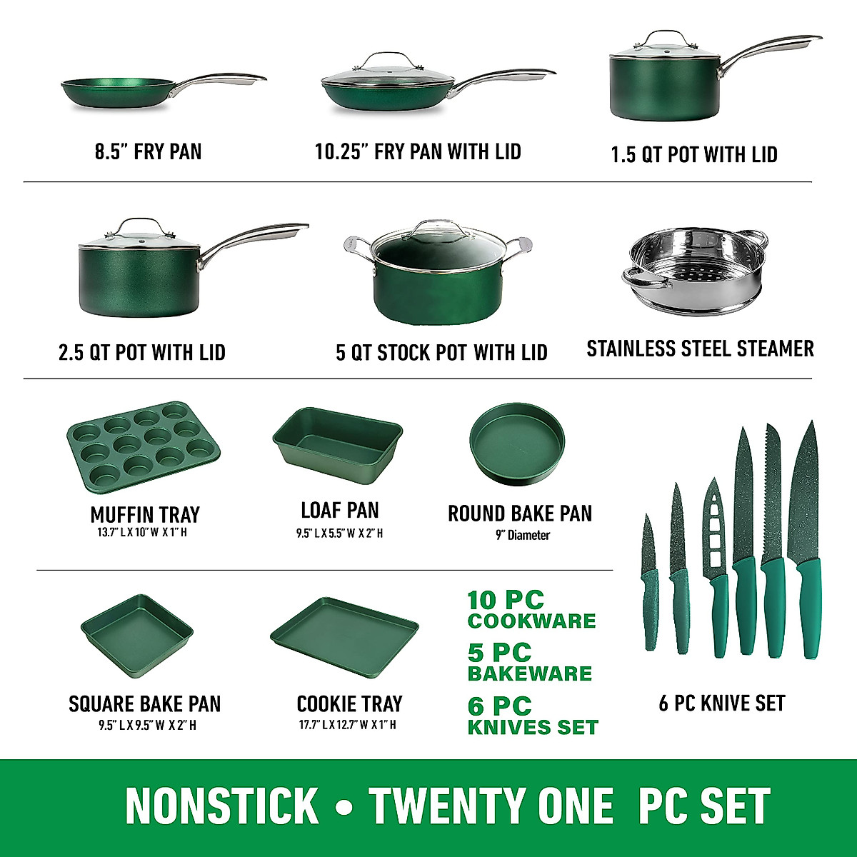 Granitestone 21 Pc Kitchen Pots and Pans Set Non Stick, Kitchen Cookware Sets, Pot and Pan Set, Nonstick Cookware Set, Diamond Coated Non Stick Pots and Pan Set, Dishwasher Safe - Green