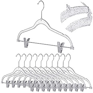 Hoolerry 10 Pcs Clear Hangers with Clips Acrylic Glitter Hangers 17 x 8 Inches Plastic Skirt Pants Hangers with Non Slip Notches Adjustable Clips Coat Hanger for Clothes Skirt Trousers Jeans (Silver)