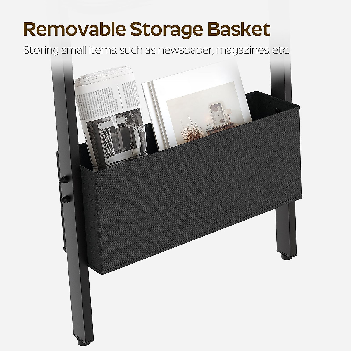 YATINEY Blanket Ladder, 5-Tier Towel Ladder with Hooks and Basket, Wall-Leaning Blanket Holder, Display Towel Rack Shelf, for Living Room, Rustic Brown and Black CJ02BR