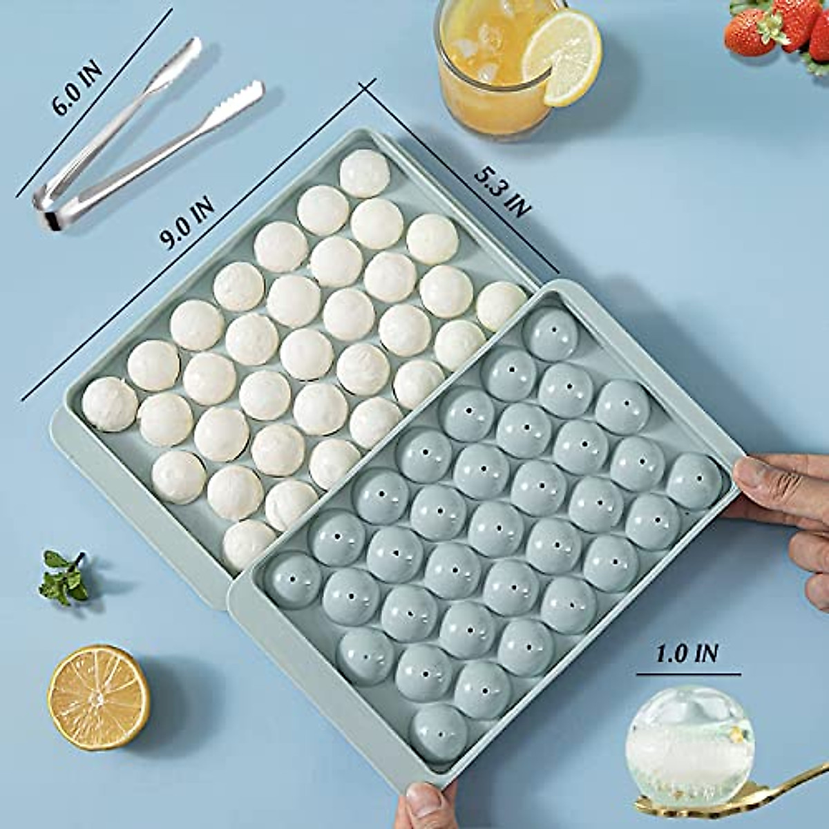 DZHJKIO Round Ice Cube Trays for Freezer with Cover & Bin, 3 Packs 1In Small Circle Ice Ball Maker Mold, BPA Free Ice Tray for Cocktail & Whiskey (3 Sphere Trays & 1 Container & Ice Tongs) (Blue)…