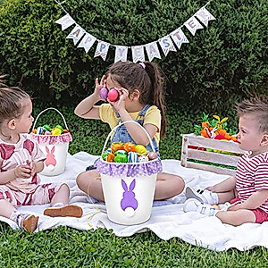 BOMMETER 3 pack Easter Egg Hunt Basket Bags for Kids Bunny Canvas Tote - Cotton Carrying Gift and Eggs Hunt Bag (Purple)