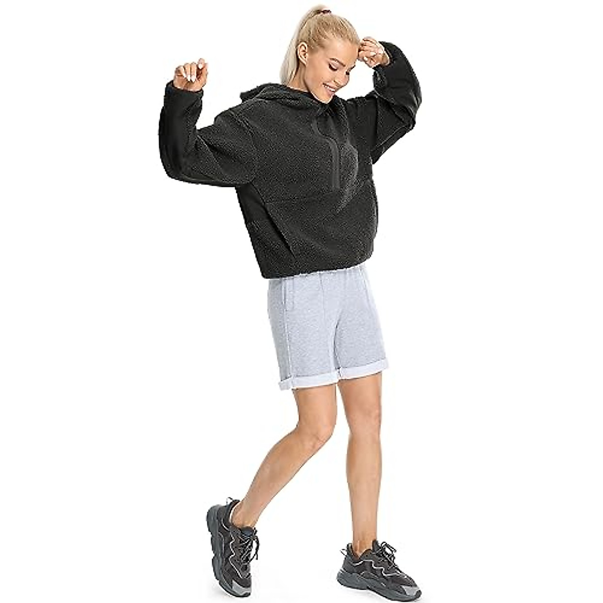 icyzone Women's Half Zip Hooded Sherpa Fleece Pullover Jacket, Oversized Warm Fuzzy Sweatshirt with Pockets (Black, L)