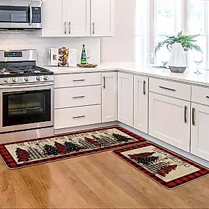 Artoid Mode Red Buffalo Plaid Xmas Trees Merry Christmas Kitchen Mats Set of 2, Winter Decor Low-Profile Kitchen Rugs for Floor - 17x29 and 17x47 Inch