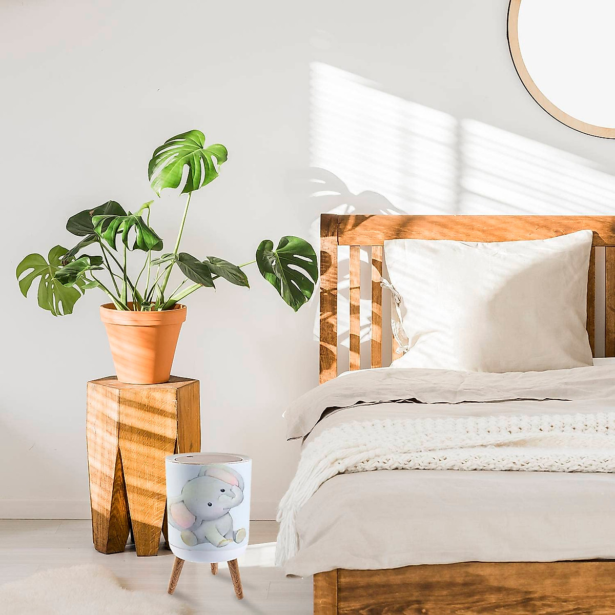 LOPYEIJFG Trash Can with Lid Kitchen Bathroom Bedroom 1.8 Gallon Press Cover Cute Baby Elephant a Cartoon Style Watercolor Animal an Isolated for Wood Small Garbage Bin Wastebasket Office Waste Bin