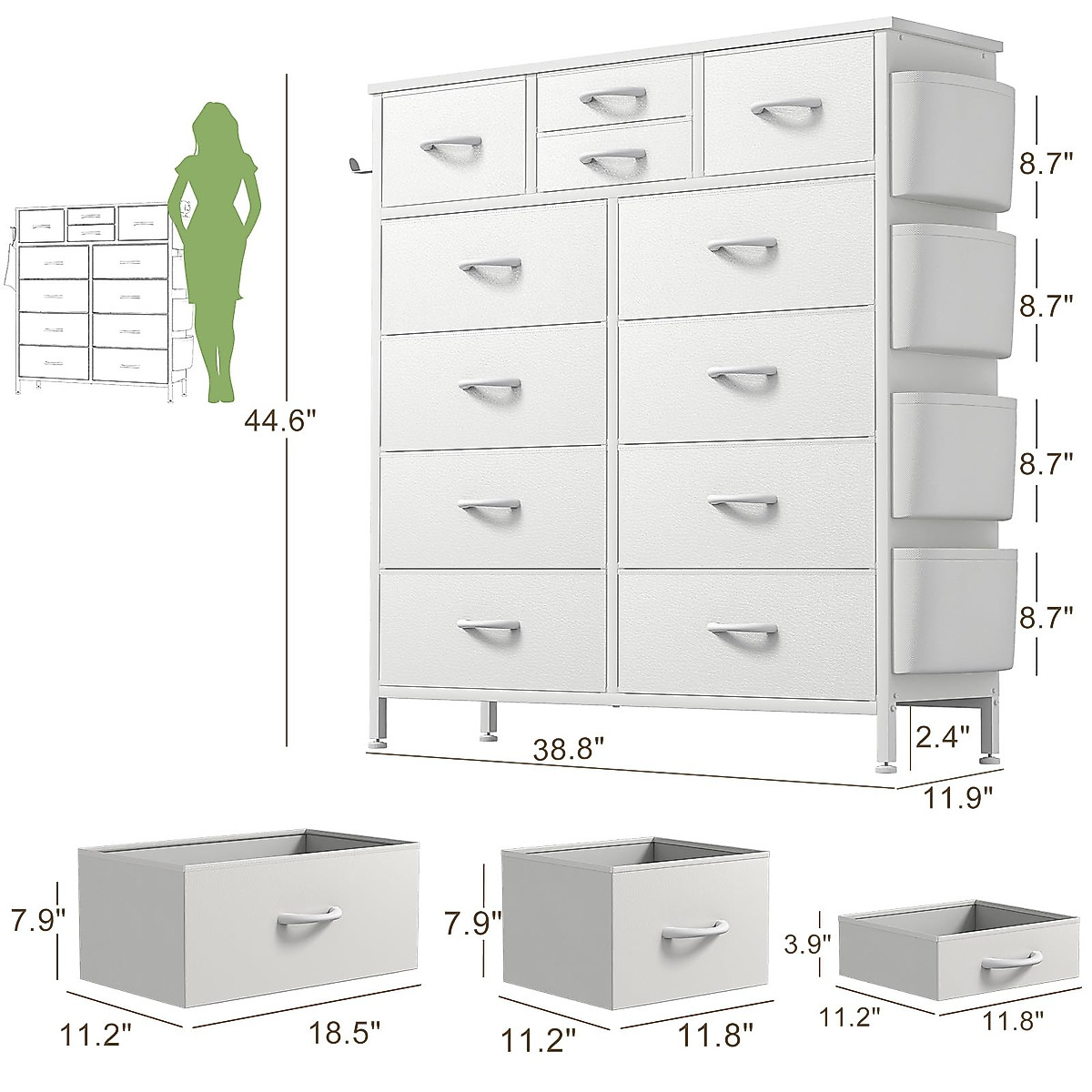 YaFiti Dresser for Bedroom with 12 Drawers, Chest of Drawers with Side Pockets and Hooks, PU Fabric Dresser Drawers for Living Room, Hallway, Entryway (White)