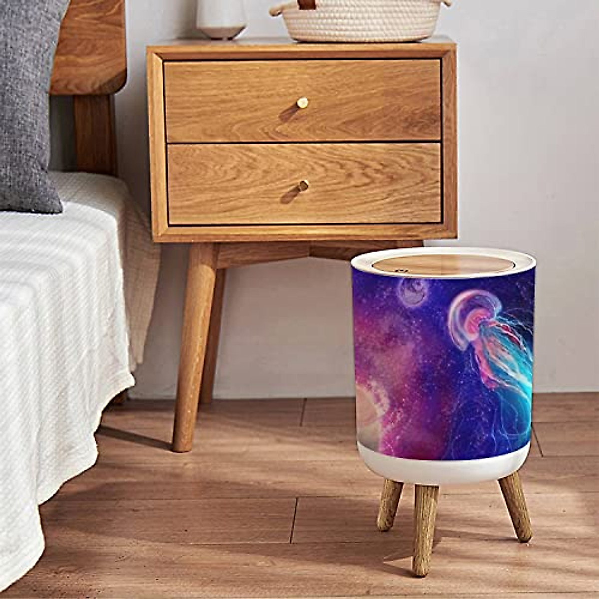 Small Trash Can with Lid Free Space Galaxy Planets and Space Jellyfish Fantasy Abstraction Round Recycle Bin Press Top Dog Proof Wastebasket for Kitchen Bathroom Bedroom Office 7L/1.8 Gallon