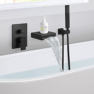 Cinwiny Matte Black Wall Mount Waterfall Tub Spout with Handheld Shower Single Handle Tub Filler Bathtub Shower Faucet Set with Sprayer Rough-in Valve Brass