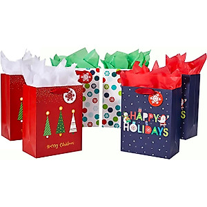 SUNCOLOR 6 Pack 9" Small Christmas Gift Bags With Tissue paper