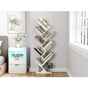 Yusong Tree Bookshelf, Geometric Bookcase with Steel Pipe for Living Room Bedroom, Floor Standing Books Shelves for Home Office (White, 9 Tier)