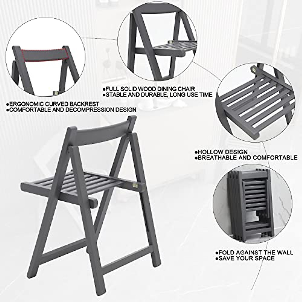 FUNROLUX Folding Dining Chair 2 Pack Grey Wooden Foldable Chairs Suitable for Event Party Garden Kitchen Table Chair 268LB Weight Capacity (Grey)