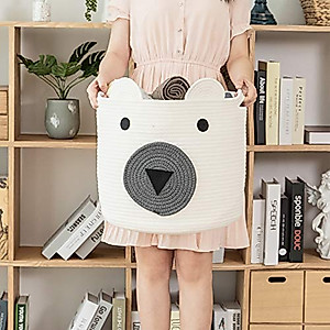 VK Living Cotton Rope Bear Animal Basket Foldable Large Woven Storage Basket Baby Nursery Cute Laundry Hamper for Toys,Blanket, Towels Clothes in Bedroom Living Room White