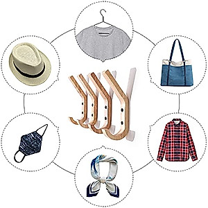 Pack of 4 Wooden Wall Hooks, Decorative Natural Wood Coat Hanger, Mounted Towel Rack for Hanging Jacket, Bags, Backpacks, Mugs, Keys, Fishhook-Shaped Hat Organizers for Entryway, Living Room (Natural)