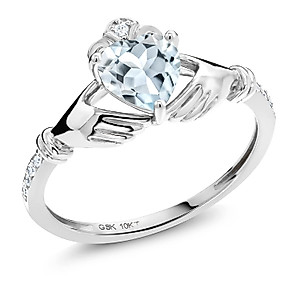 Gem Stone King 10K White Gold Sky Blue Aquamarine and White Diamond Irish Celtic Claddagh Ring For Women | 0.79 Cttw | Heart Shape 6MM | Gemstone Birthstone, Available In Size 5, 6, 7, 8, 9